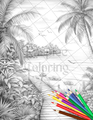 Beautiful Tropical Beach Grayscale Coloring Pages Printable for Adults ...