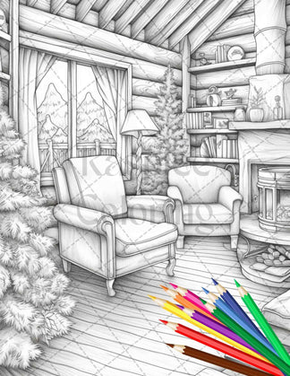 Cozy Cabin Interior Grayscale Coloring Pages Printable for Adults, PDF ...