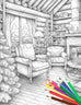 Cozy Cabin Interior Grayscale Coloring Pages Printable for Adults, PDF ...