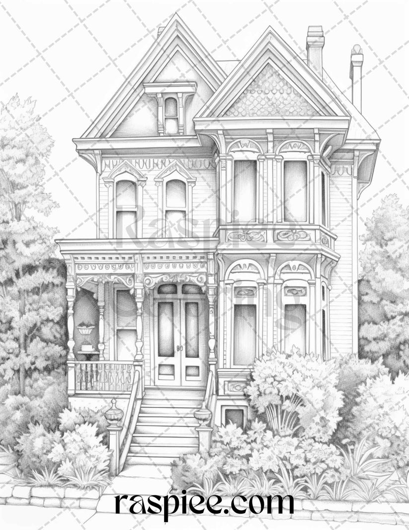 40 Victorian Houses Grayscale Coloring Pages Printable for Adults, PDF