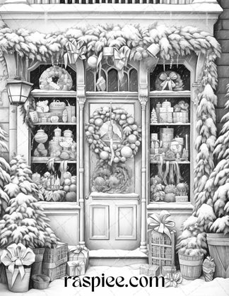 Christmas Store Front Grayscale Coloring Pages for Adults, PDF Printab ...
