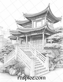 40 Traditional Chinese Houses Grayscale Coloring Pages Printable for A ...