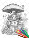 32 Whimsical Mushroom House Coloring Pages for Adults, Grayscale Color ...