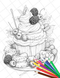 36 Sweet Desserts Coloring Pages Printable for Adults, Grayscale Color ...