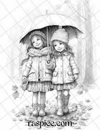 40 Rainy Autumn Day Grayscale Coloring Pages Printable for Adults and ...