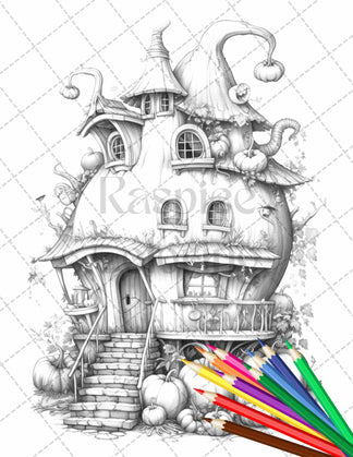 40 Pumpkin Fairy Houses Grayscale Coloring Pages Printable for Adults ...