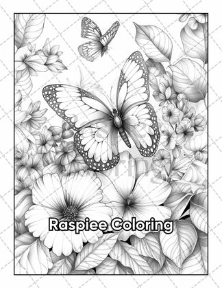 50 Butterflies & Flowers Grayscale Adult Coloring Pages Printable PDF ...