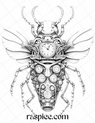 42 Steampunk Bugs Grayscale Coloring Pages Printable for Adults, PDF F ...