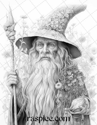 50 Magical Wizard Grayscale Coloring Pages for Adults, Printable PDF F ...