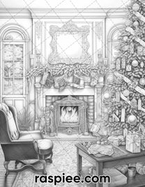 40 Christmas Interior Decorations Grayscale Coloring Pages for Adults ...