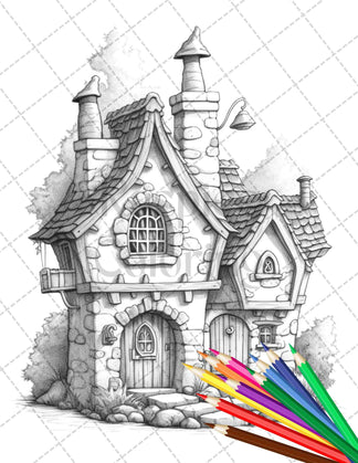 40 Stone Cottage Houses Grayscale Coloring Pages Printable for Adults ...