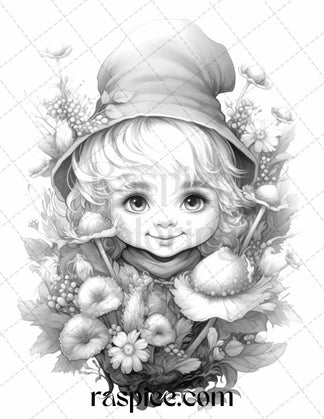 50 Flower Gnomes Grayscale Coloring Pages Printable for Adults Kids, P ...