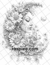 60 Boho Moon Floral Grayscale Adult Coloring Pages Printable PDF Insta ...