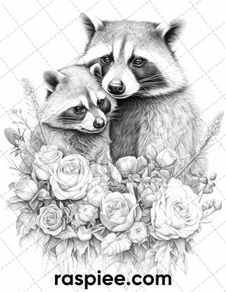 40 Floral Animal Couple Grayscale Coloring Pages for Adults, Printable ...