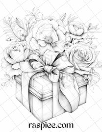 40 Flower Gift Box Grayscale Coloring Pages Printable for Adults Kids ...