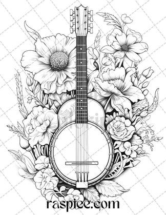 30 Musical Instrument Flower Grayscale Coloring Pages Printable for Ad ...