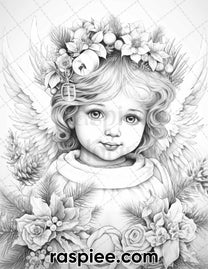 55 Christmas Angel Grayscale Coloring Pages for Adults, Printable PDF ...