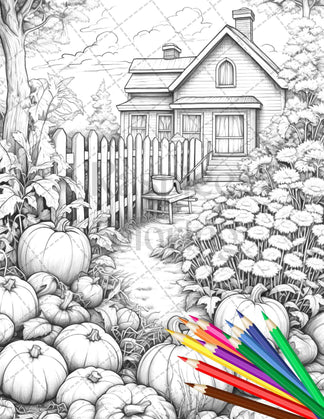Pumpkin Garden Scenery Grayscale Coloring Pages Printable for Adults ...