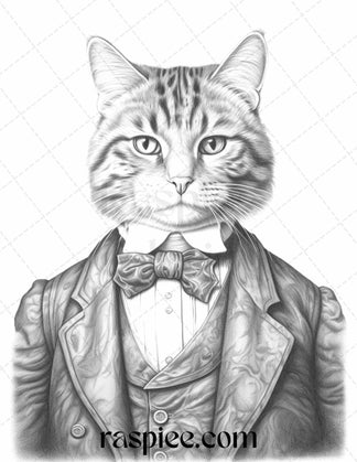 Gentleman Cat Grayscale Coloring Pages Printable for Adults Kids, PDF ...