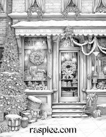Christmas Store Front Grayscale Coloring Pages for Adults, PDF Printab ...
