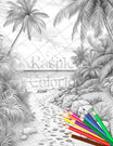 Beautiful Tropical Beach Grayscale Coloring Pages Printable for Adults ...