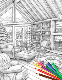 Cozy Cabin Interior Grayscale Coloring Pages Printable for Adults, PDF ...