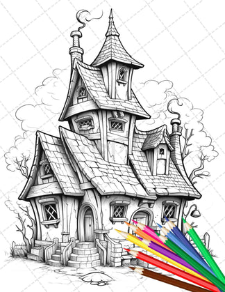 32 Spooky Houses Coloring Pages Printable for Adults, Grayscale Colori ...
