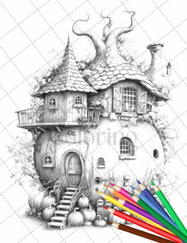 40 Pumpkin Fairy Houses Grayscale Coloring Pages Printable for Adults ...