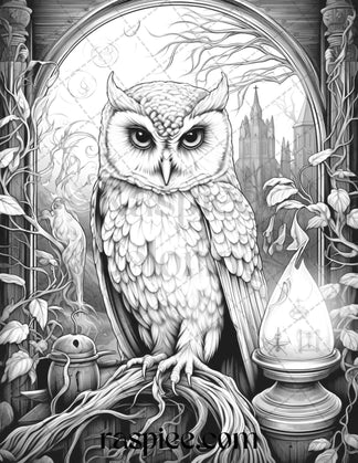 Halloween Witch Owl Grayscale Coloring Pages for Adults and Kids, Prin ...