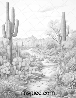 40 Desert Landscapes Grayscale Coloring Pages Printable for Adults, PD ...
