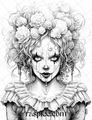 50 Scary Clown Girls Grayscale Coloring Pages Printable for Adults, PD ...