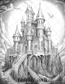 50 Haunted Castles Grayscale Coloring Pages Printable, Halloween Color ...