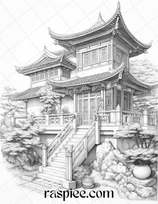 40 Traditional Chinese Houses Grayscale Coloring Pages Printable for A ...