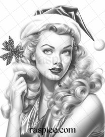 55 Vintage Christmas Pin Up Girls Grayscale Coloring Pages for Adults ...