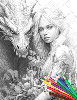 Enchanted Dragon Queens Grayscale Coloring Pages Printable for Adults ...