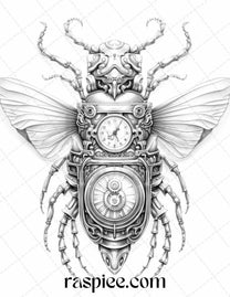 42 Steampunk Bugs Grayscale Coloring Pages Printable for Adults, PDF F ...