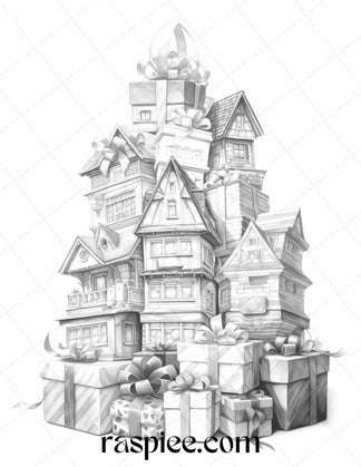 40 Adorable Gift Box Houses Grayscale Coloring Pages Printable for Adu ...