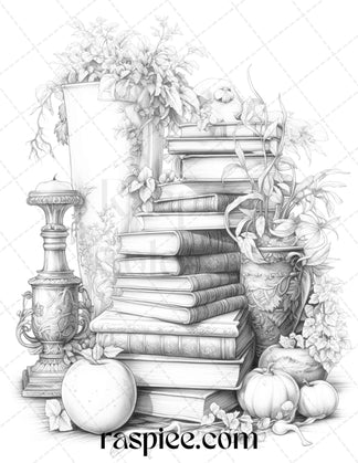 50 Magical Books Grayscale Coloring Pages Printable for Adults, PDF Fi ...