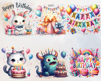 Watercolor Happy Birthday Clipart Bundle, 70 PNG High-Res Files for DI ...