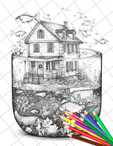 34 Fishtank Houses Coloring Book for Adults, Grayscale Coloring Page ...