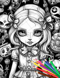 50 Ghoulish Girls Grayscale Coloring Pages Printable for Adults, PDF F ...