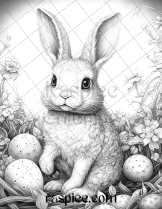 50 Rabbit Garden Grayscale Coloring Pages Printable for Adults, PDF Fi ...