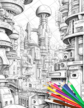 50 Futuristic Metropolis Grayscale Coloring Pages Printable for Adults ...