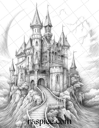 50 Haunted Castles Grayscale Coloring Pages Printable, Halloween Color ...