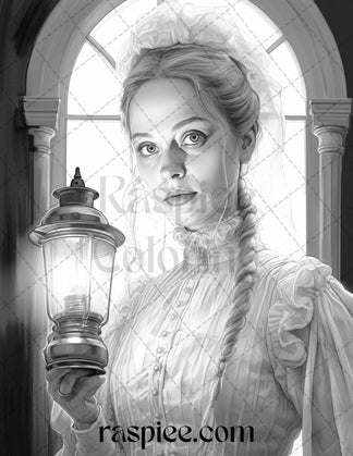 60 Halloween Victorian Era Grayscale Coloring Pages Printable for Adul ...