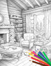 Cozy Cabin Interior Grayscale Coloring Pages Printable for Adults, PDF ...