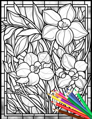 30 Stained Glass Flowers Grayscale Coloring Pages Printable for Adults ...