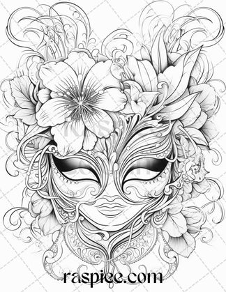 40 Masquerade Masks Grayscale Coloring Pages Printable for Adults, PDF ...
