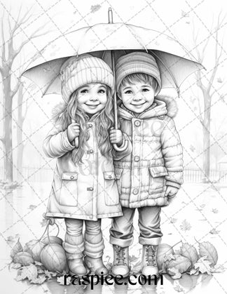 40 Rainy Autumn Day Grayscale Coloring Pages Printable for Adults and ...