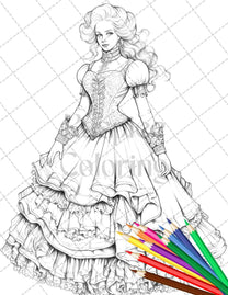 50 Victorian Fashion Grayscale Coloring Pages Printable for Adults, PD ...